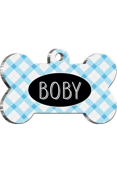 Pet Tag Art Mavi Ekoseli Kemik Şekilli Köpek Künyesi