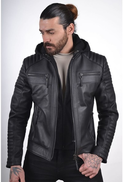 Alin sherwood Kapşonlu Deri Ceket Erkek Alin sherwood Kapşonlu Deri Ceket Erkek