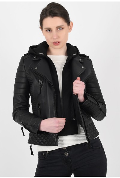 Alin Venus Kumaş Kapşonlu Deri Biker Style Ceket Kadın Alin Venus Kumaş Kapşonlu Deri Biker Style Ceket Kadın