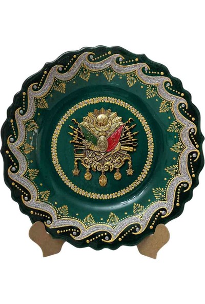 Ersin Çini El Işi Gümüş ve Altın Desenli Osmanlı Tuğralı 30 cm Çini Tabak