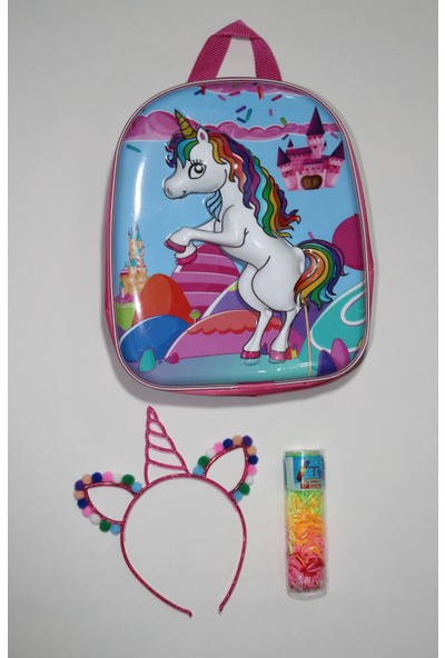 Hızırım Pony Horse Kabartmalı Kreş Anaokulu Çocuk Sırt Çantası ve Unicorn Ponponlu Taç - Renkli Lastik