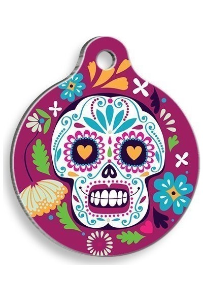Pet Tag Art Çiçekli Kurukafa Yuvarlak Kedi ve Köpek Künyesi