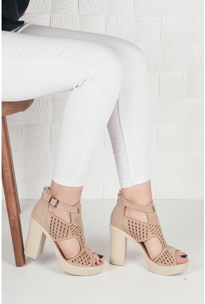 Weynes Kadın Krem Süet Yüksek Platform 10 cm Topuklu Ayakkabı BA20288
