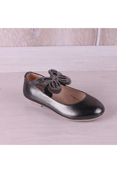 Kidya Kelebek Süslemeli Genç Kız Çocuk Babet Ayakkabı Platin