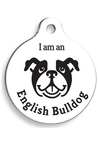 Pet Tag Art Beyaz English Bulldog Yuvarlak Köpek Künyesi