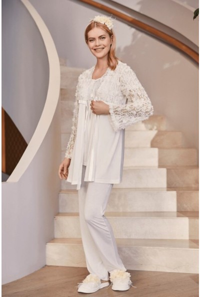 Carpediem By Mecit 5206 Ekru Tüllü Lohusa Üçlü Pijama Takımı Carpediem By Mecit 5206 Ekru Tüllü Lohusa Üçlü Pijama Takımı