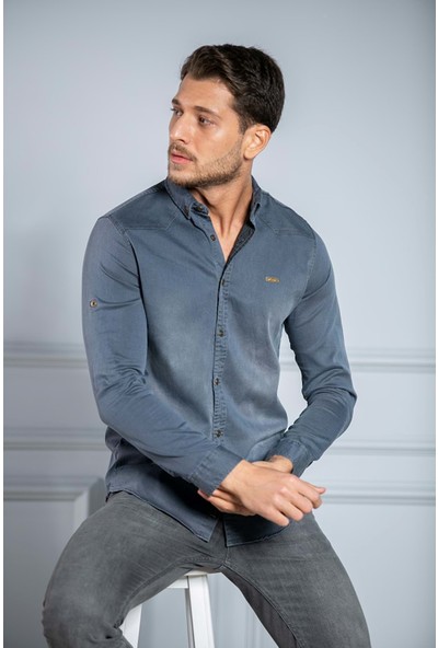 Abay Erkek Gri Likralı Kot Gömlek N6028