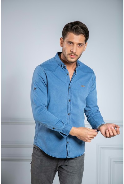 Abay Erkek Açık Mavi Likralı Kot Gömlek N6028