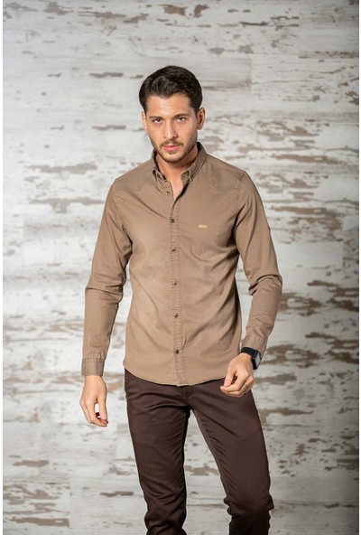 Abay Erkek Kahverengi Likralı Kot Gömlek N6028