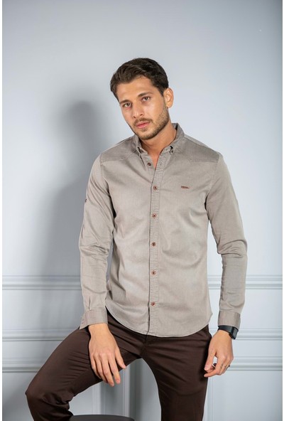 Abay Erkek Bej Likralı Kot Gömlek N6028