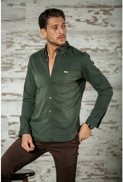 Abay Erkek Haki Likralı Kot Gömlek N6028