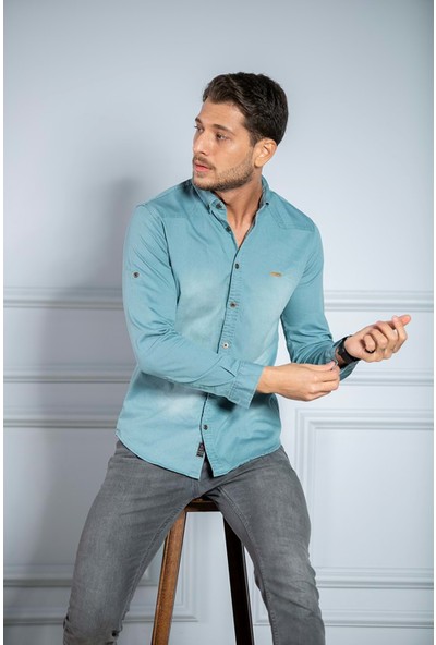 Abay Erkek Su Yeşili Likralı Kot Gömlek N6028
