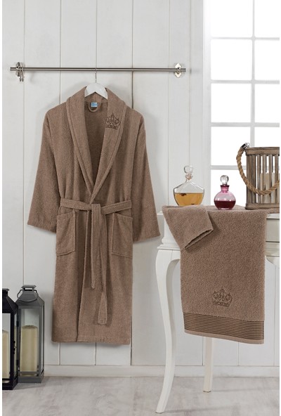Nevresimev Taç Serisi Nakışlı 3 Parça Tek Kişilik Bornoz Seti Kahve