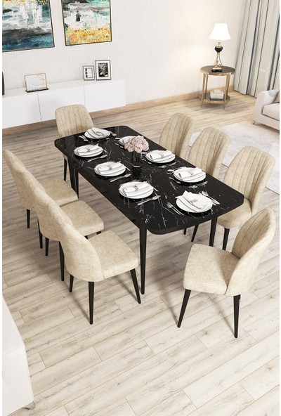Rovena Zeta Serisi Mdf, Siyah Mermer Desenli Açılabilir Ahşap Ayaklı Masa Takımı/siyah Mermer Desenli Masa+8 Adet Sandalye