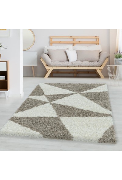 Ayyıldız Halı Desenli Shaggy Halı Yumuşak Geometrik Üçgen Desenli Bej Krem