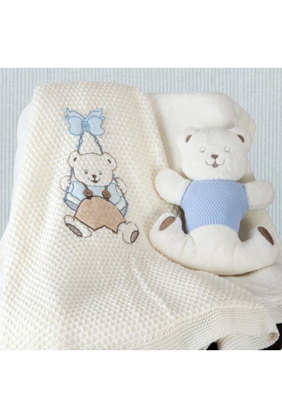 Nazik Home Peluche Bebek Triko Battaniye + Oyun Arkadaşı 2'li Set Krem-Mavi