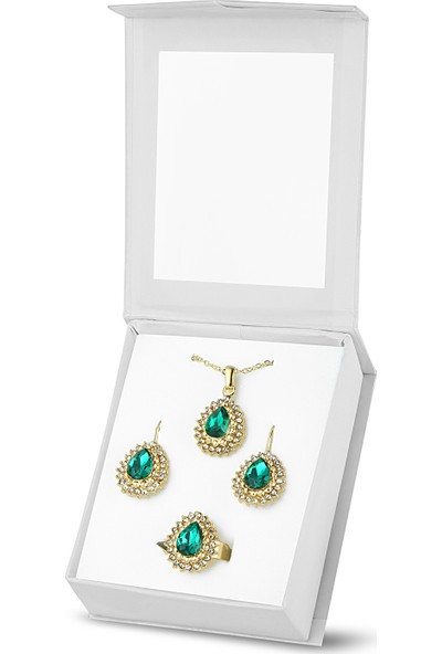 Forentina Yeşil Taşlı Kolye Küpe Yüzük Set PS1646