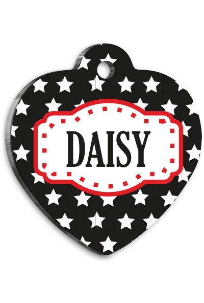 Pet Tag Art Siyah Üstüne Yıldızlı Kalp Kedi Köpek Künyesi