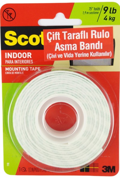 Scotch Çift Taraflı Yapışkan Rulo Asma Bandı 4 kg 12,7 mm x 1,9 m