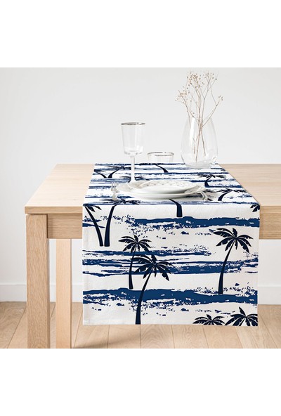 Realhomes Mavi Palmiye Desenli Dekoratif Süet Runner Realhomes Mavi Palmiye Desenli Dekoratif Süet Runner