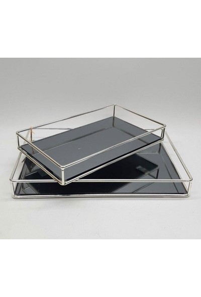 2 Li Dekoratif Lüks Metal Aynalı Tepsi