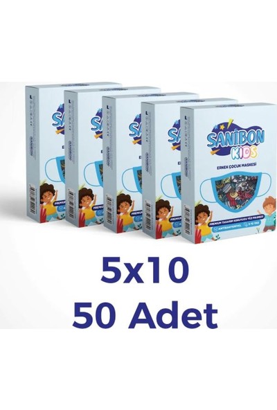 Sanibon Kids Cerrahi Maske - Erkek Çocuk 3-13 Yaş - 10'lu - 5 Paket