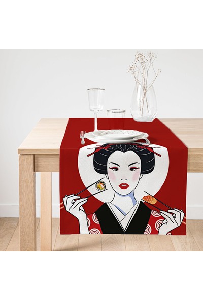 Realhomes Suşi Yiyen Japon Kız Motifli Modern Süet Runner Realhomes Suşi Yiyen Japon Kız Motifli Modern Süet Runner