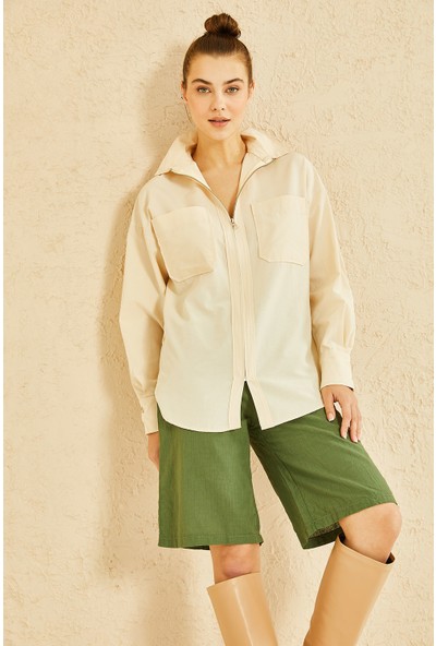 Oshebu Kadın Beli Lastikli Önü Fermuarlı Gömlek
