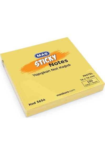 Mas 3654 Pastel Sarı 100 Yaprak Yapışkanlı Not Kağıdı 76 x 76 mm Mas 3654 Pastel Sarı 100 Yaprak Yapışkanlı Not Kağıdı 76 x 76 mm