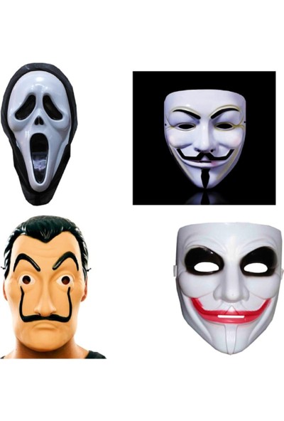 Asel 4 Adet Çığlık Vandetta La Casa De Papel ve Joker Maskesi 4'lü Set
