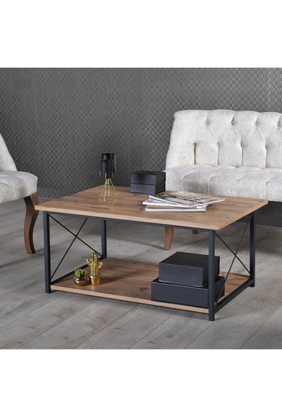 Ayalina Sehpa Dekoratif Metal Ayaklı Ceviz Renk Orta Sehpa