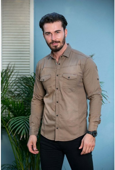 Bay Efendi Su Yeşili Erkek Cepli Likralı Kot Gömlek N6012