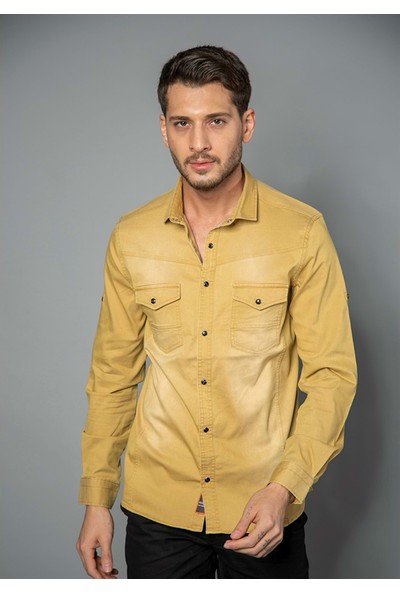 Bay Efendi Su Yeşili Erkek Cepli Likralı Kot Gömlek N6012