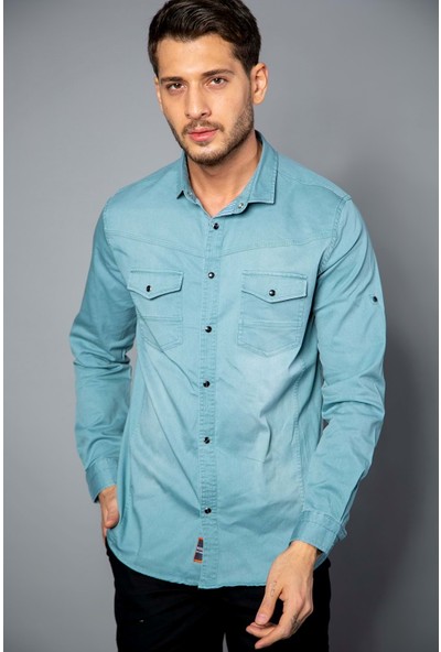 Bay Efendi Su Yeşili Erkek Cepli Likralı Kot Gömlek N6012