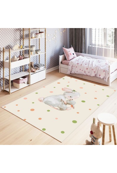 Jungle Bej Tabanlı Renkli Damalı Sevimli Tavşan ve Yavrusu Dijital Baskılı Çocuk Halısı Jungle Bej Tabanlı Renkli Damalı Sevimli Tavşan ve Yavrusu Dijital Baskılı Çocuk Halısı