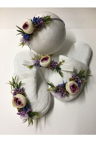 Mor Konsept Yapay Çiçekli Lohusa Terlik Taç Seti