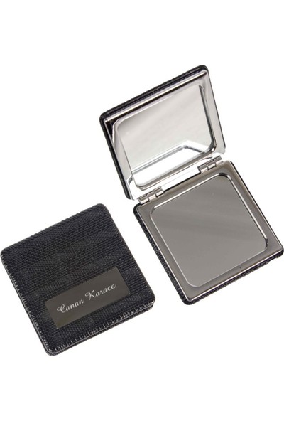Hediye Rengi Isme Özel Deri Cep Aynası​ Kare Siyah