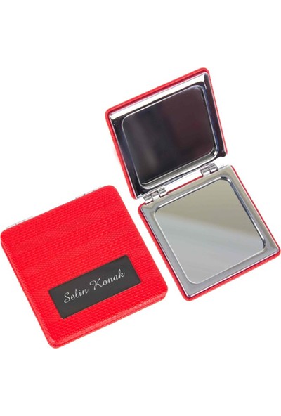 Hediye Rengi Isme Özel Deri Cep Aynası​ Kare Kırmızı