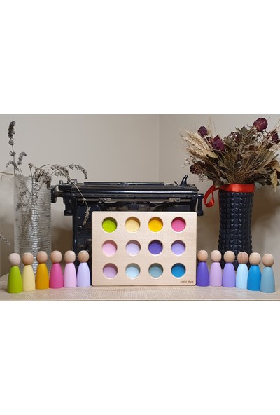 Waldorf Peg Bebekler Için Tabla ve 12LI Pegler Pastel Tonlar