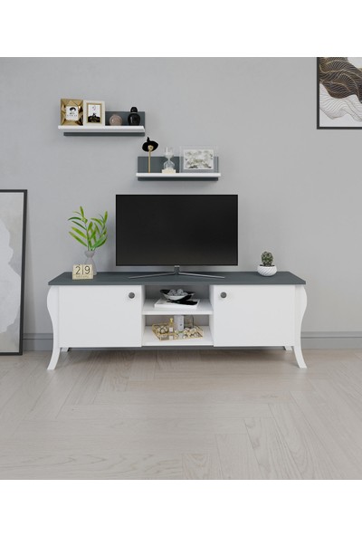 PlatinReyon Modern Lukens Ayaklı 2 Kapaklı Raflı Tv Üntesi Arkalıklı Antrasit