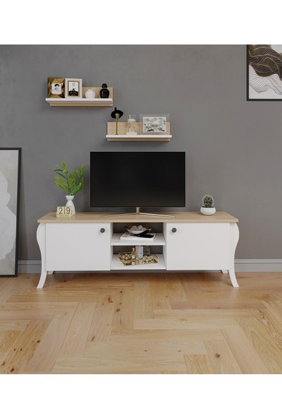 PlatinReyon Modern Lukens Ayaklı 2 Kapaklı Raflı Tv Üntesi Arkalıklı Meşe