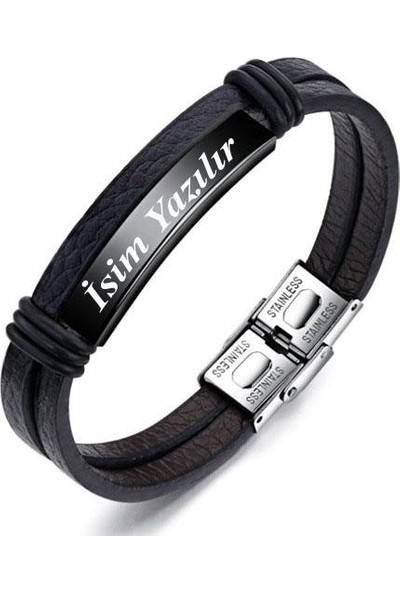 Takı Dükkanı Kişiye Özel İsimli Deri Kordon Çelik Erkek Bileklik scb17