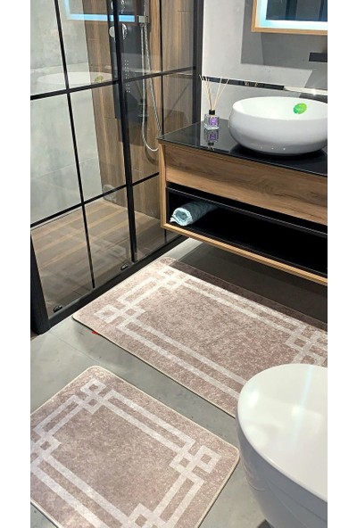 Brillant Bej Modern Çerçeve Desen Banyo Paspası 70X160 (70X110-70X50 İkili Takım) Brillant Bej Modern Çerçeve Desen Banyo Paspası 70X160 (70X110-70X50 İkili Takım)