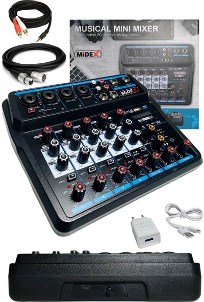 Midex MBX-800 Vokal ve Enstrüman Kayıt İçin Ses Kartlı +48V Phantomlu 6 Kanal Mikser + XLR Kablo Midex MBX-800 Vokal ve Enstrüman Kayıt İçin Ses Kartlı +48V Phantomlu 6 Kanal Mikser + XLR Kablo