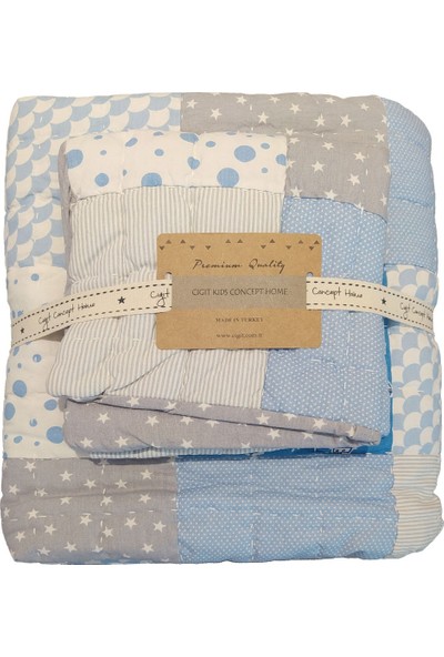 Cigit Patchwork El İşi Yorgan Yastık Takım Mavi 95 x 125 cm