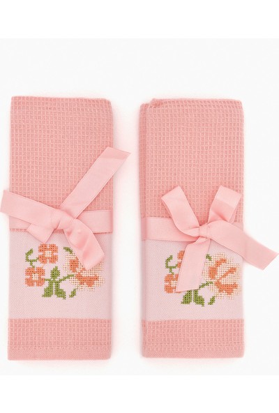 Fushia Kanaviçeli 2li Mutfak Havlusu 45X70 - Somon Fushia Kanaviçeli 2li Mutfak Havlusu 45X70 - Somon