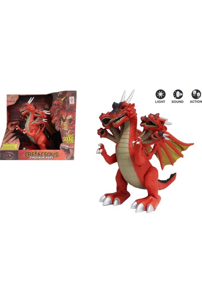Toys e Toys Işıklı Sesli Hareketli Oyuncak Dinozor 7 Başlı Ejderha ( Kırmızı )