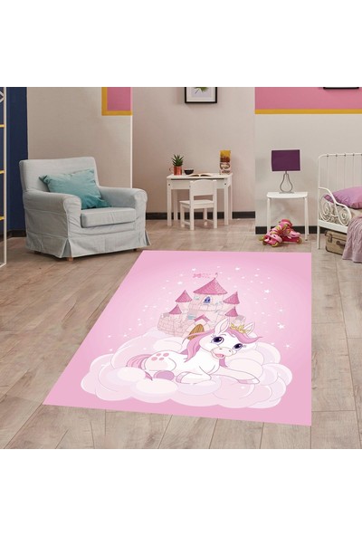On the clouds Unicorn Desenli Dijital Baskı Yıkanabilir Kaymaz Taban Çocuk Odası Halısı