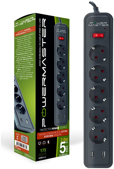 Powermaster PM-17565 2 USB Çıkışlı 5'li 2 Metre Kablolu Akım Korumalı Priz (175 JOULE-16A-4000 Watt)