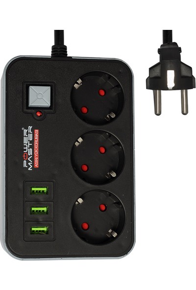 Powermaster PM-17564 3 USB Çıkışlı 3'lü 1.8 Metre Kablolu Akım Korumalı Priz 10A-2500 Watt